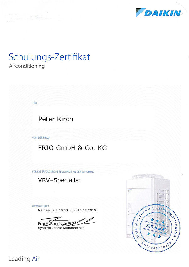 Kälte - Klima - Wärmepumpen | Zertifikate | Frio | Ihr Experte